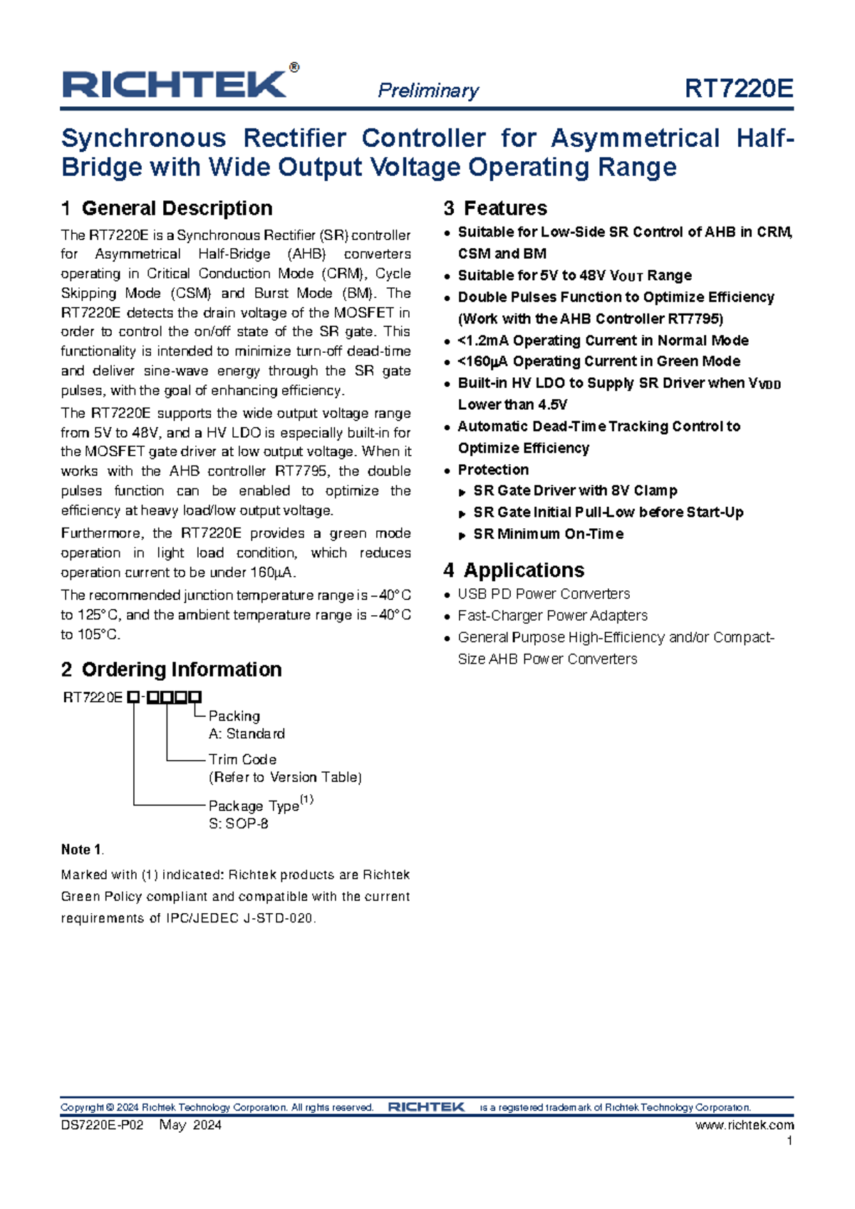 RT7220E Preliminary Data Sheet for Synchronous Rectifier Controller ...