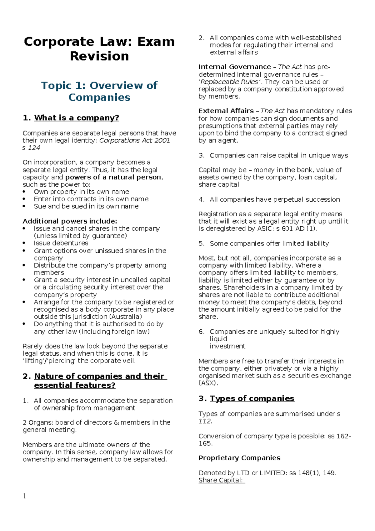 Corporate Law: Exam Revision Notes on Companies Overview - Studocu