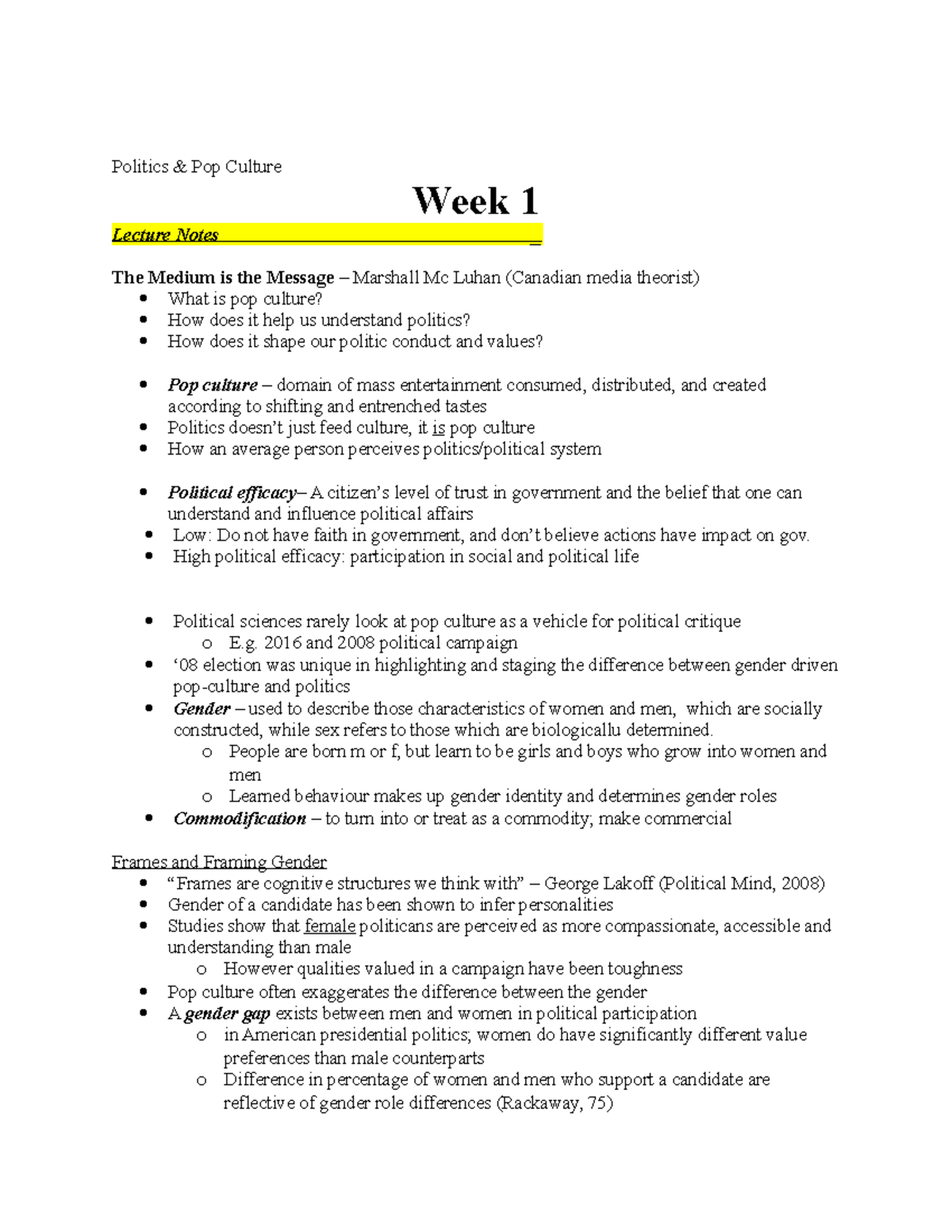 Politics & Pop Culture Lecture Notes: Key Themes & Insights - Studocu