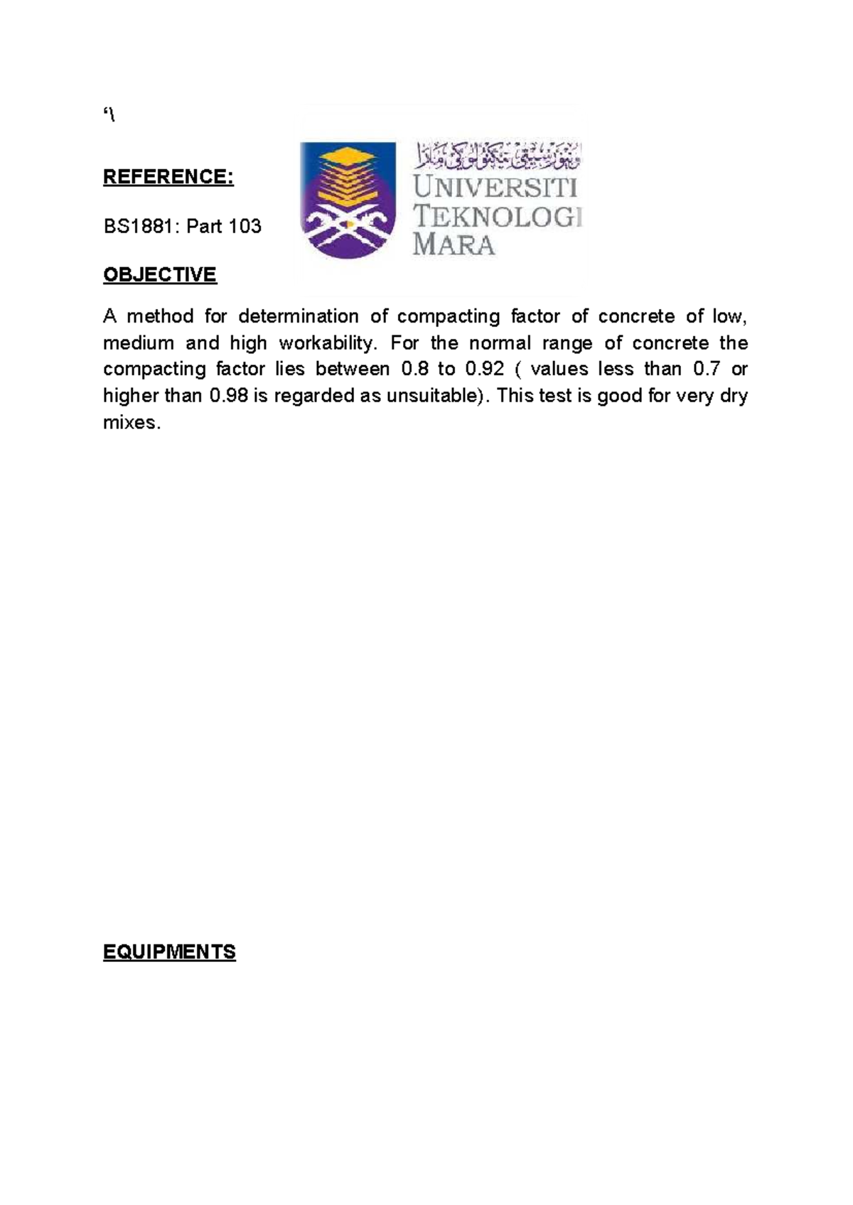 Module 3: Compacting Factor Test BS1881 Part 103 Guidelines - Studocu