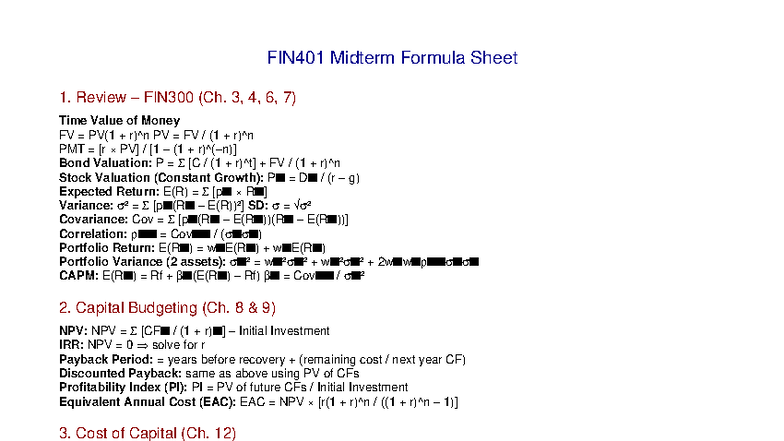 FIN401 Midterm Formula Sheet: Key Concepts & Formulas - Studocu