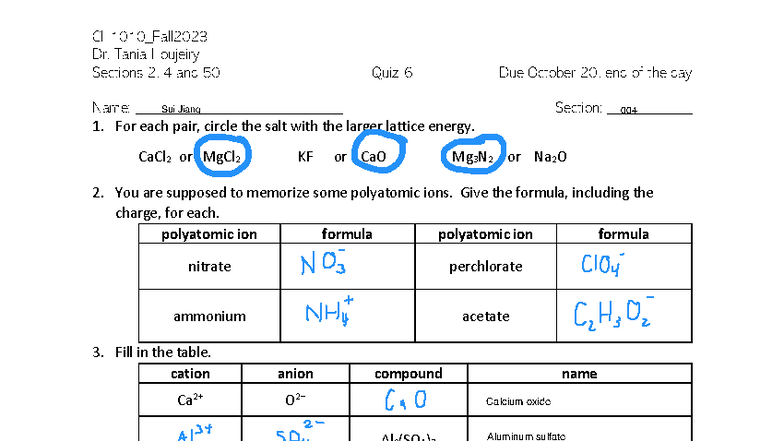 CH1010_Fall2023 Quiz 6 Takehome - Ionic & Covalent Bonds - Studocu