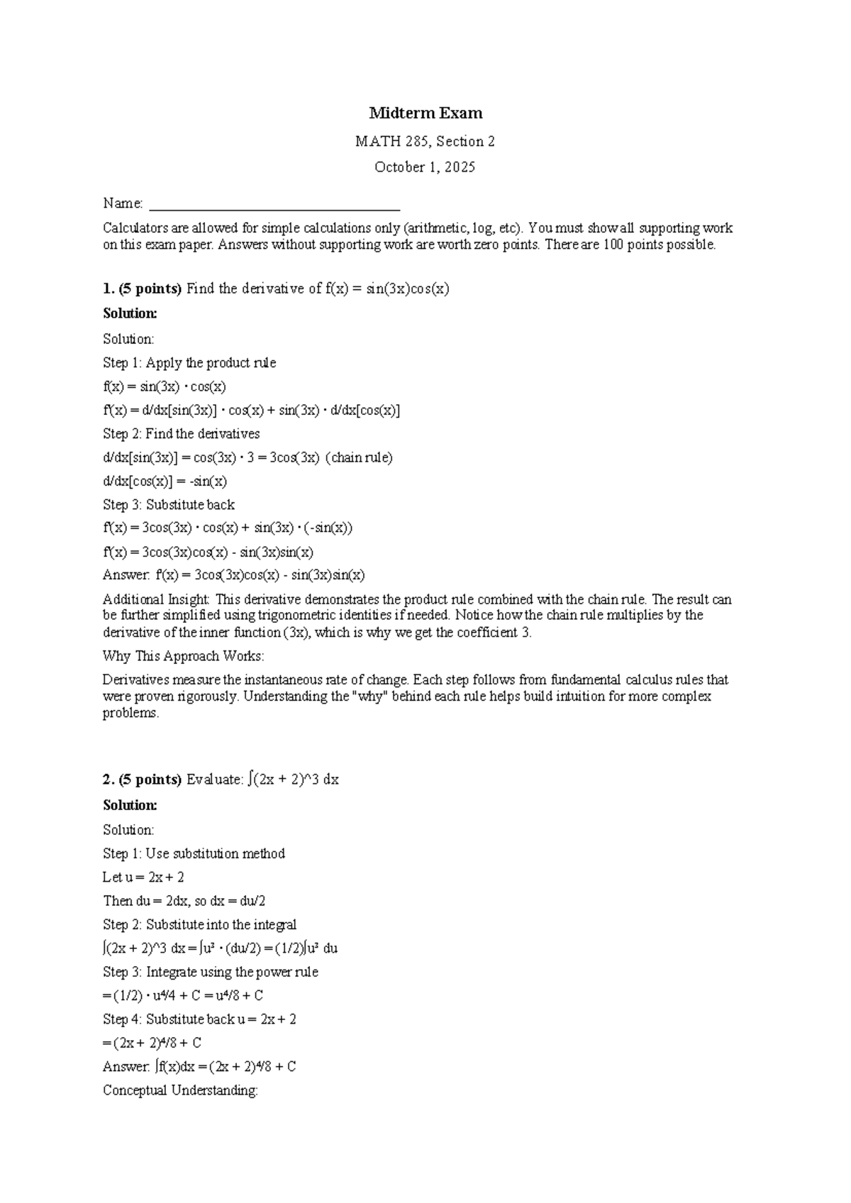 Midterm Exam Solutions for MATH 285, Section 2 - October 2025 - Studocu