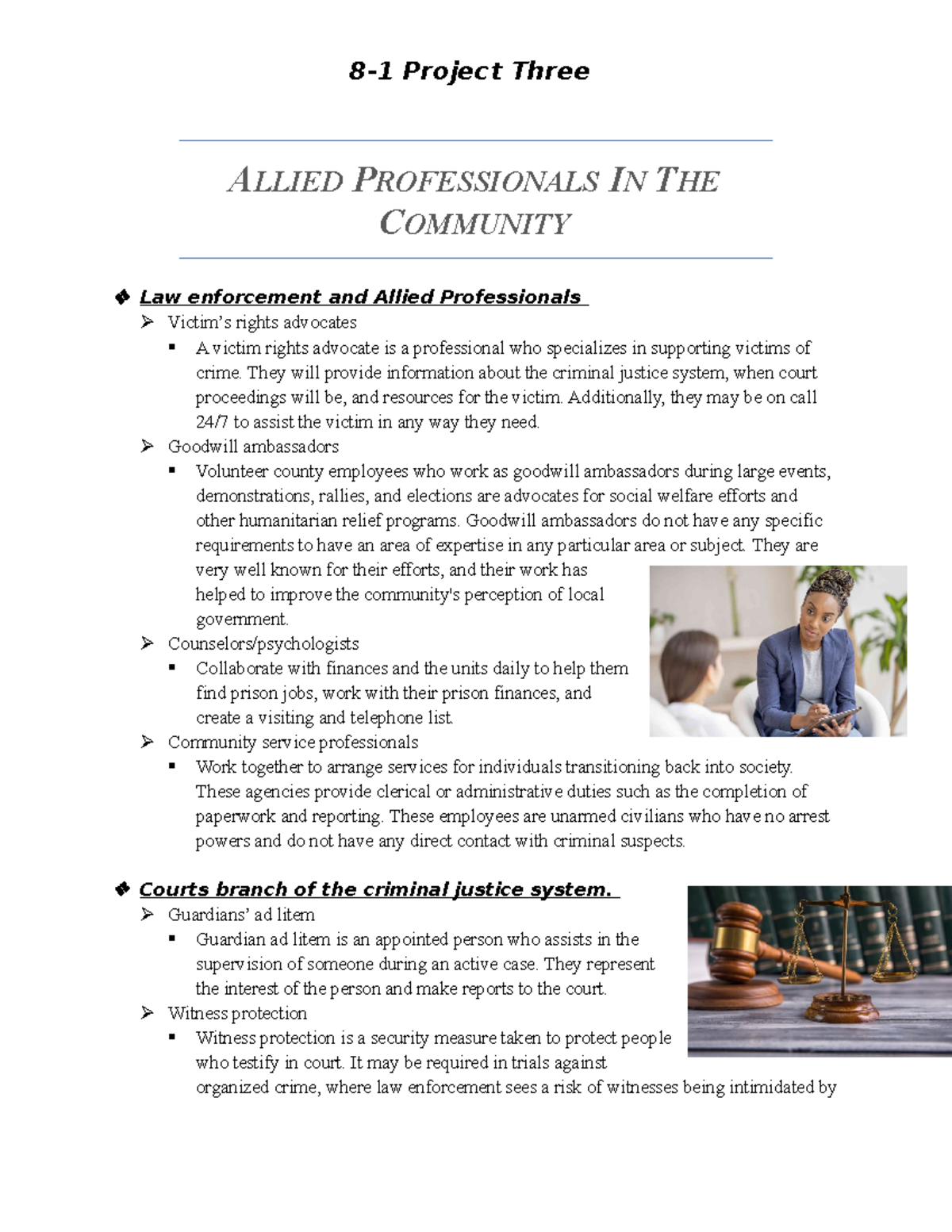 CJ 8-1 Project 3: Role of Allied Professionals in Criminal Justice ...