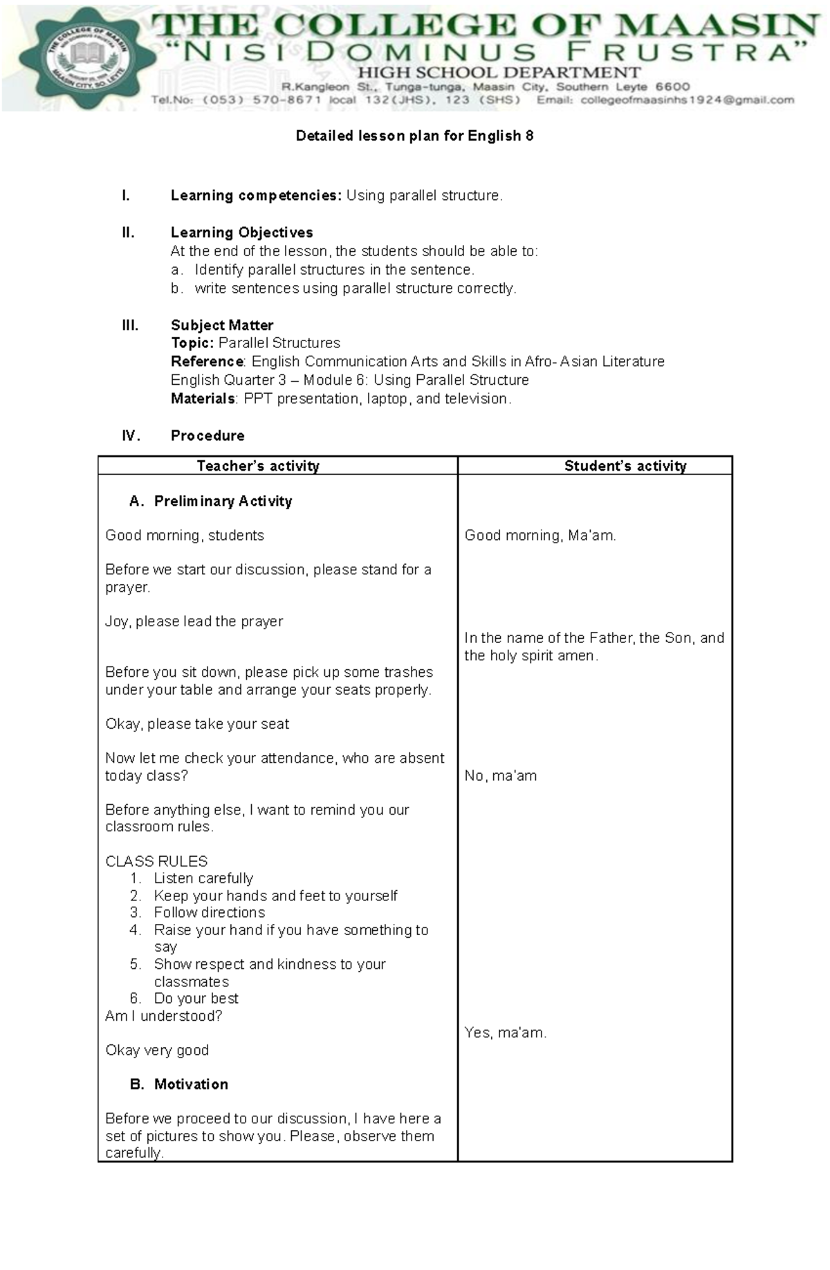 Parallel structure Final - Detailed lesson plan for English 8 I ...