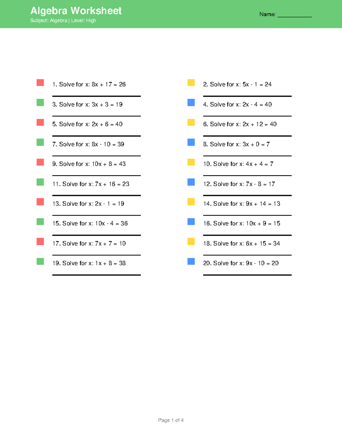 Algebra Worksheet 10 - High Level Problem Set - Studocu