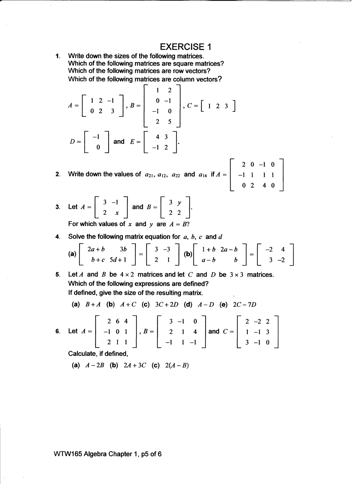 Linear Algebra (MATH 101) Exercise 1: Matrix Sizes & Properties - Studocu