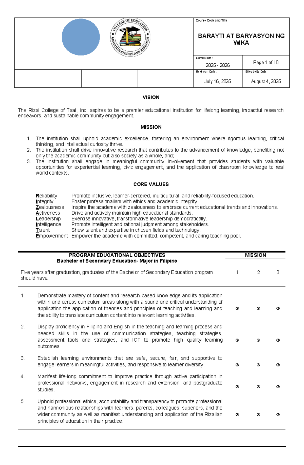 Major 111 - BARAYTI AT BARYASYON NG WIKA Curriculum Overview 2025-2026 ...