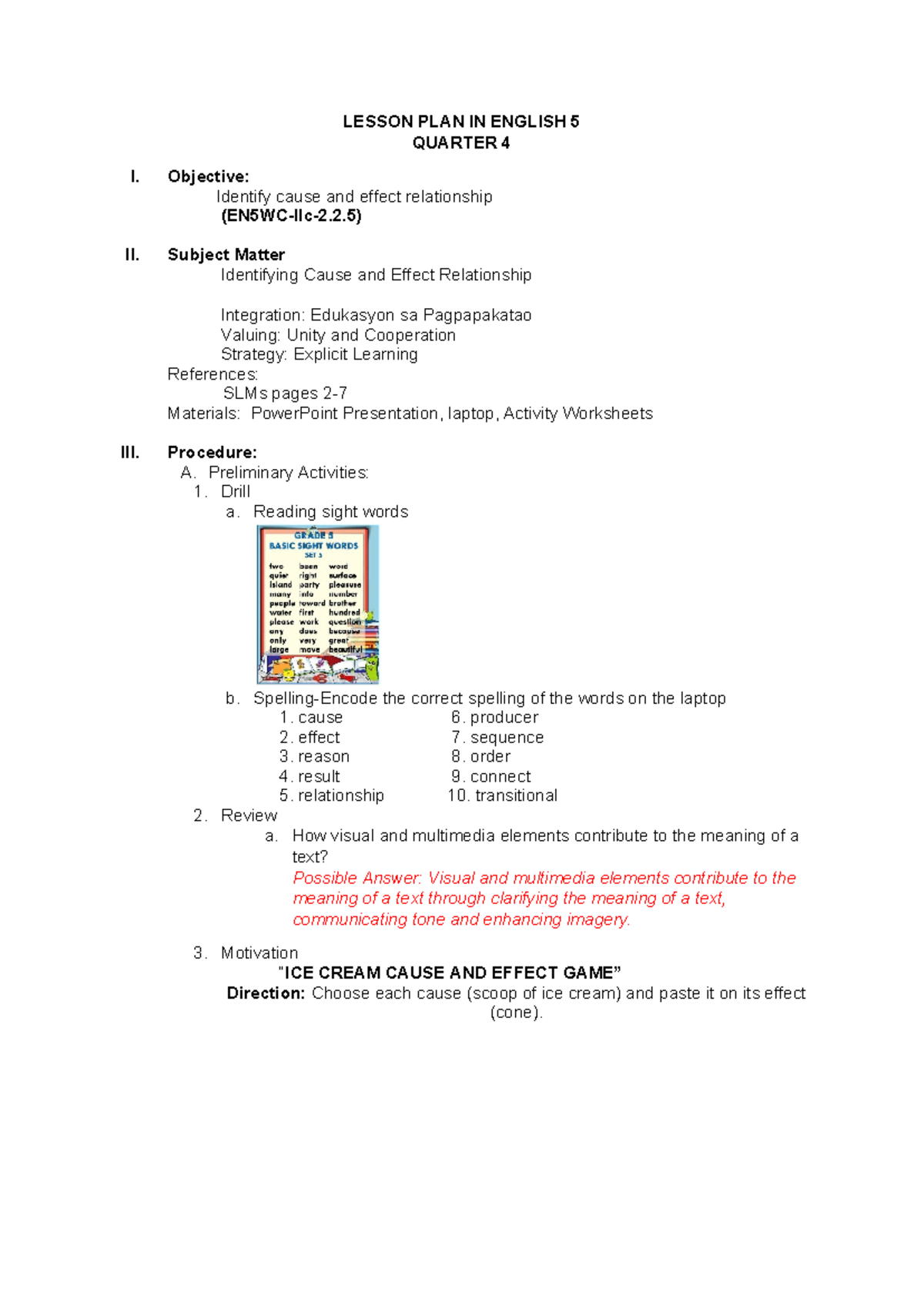 LP-5-Lesson Plan: Understanding Cause and Effect Relationships - Studocu