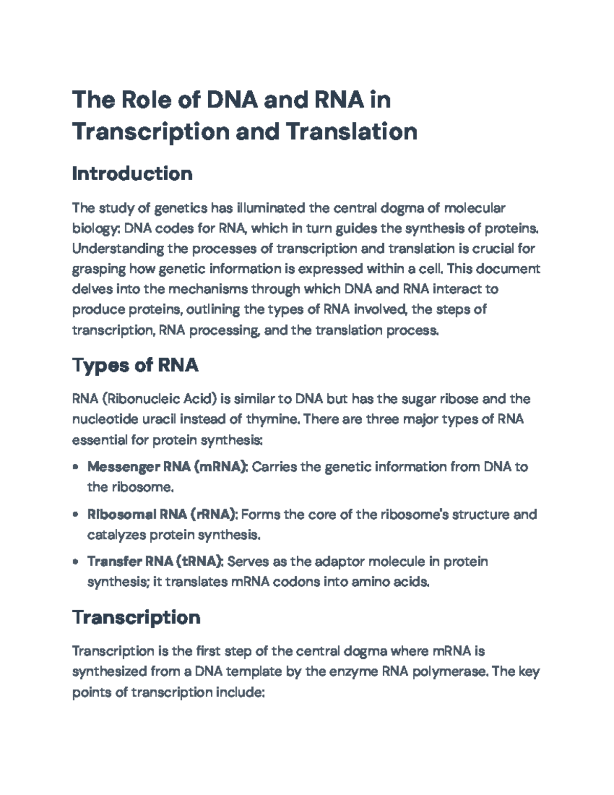 The Role of DNA and RNA in Transcription and Translation - The Role of ...