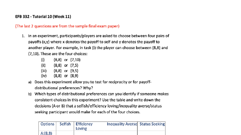 EFB 332 Tutorial 10 Questions and Analysis on Decision-Making - Studocu