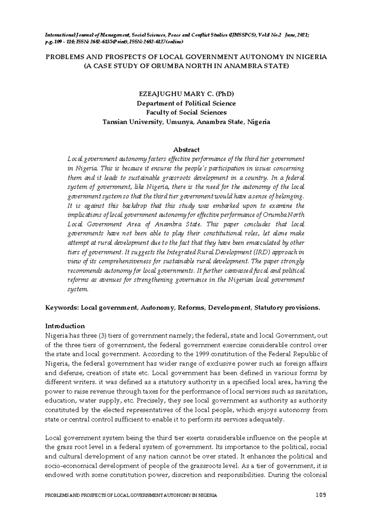 Problems and Prospects of Local Government Autonomy in Nigeria (POL 401 ...