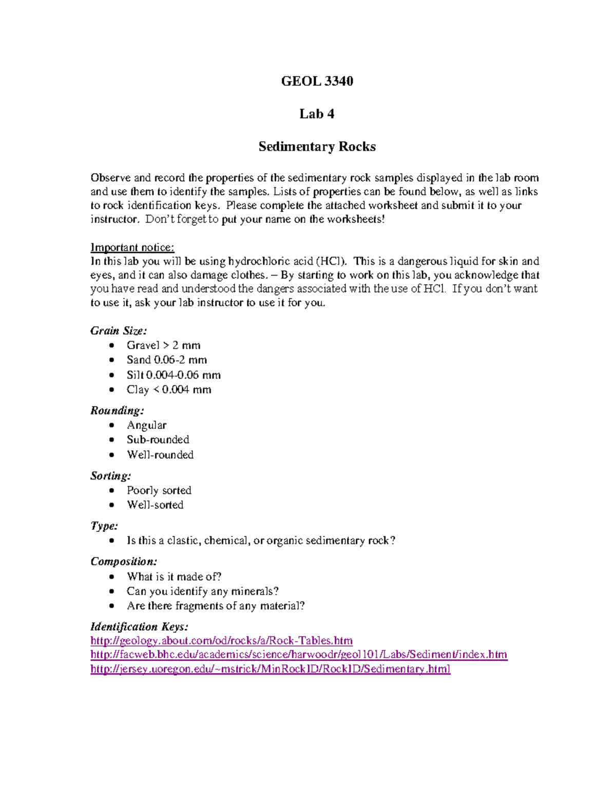 GEOL 3340 Lab 4: Examining and Classifying Sedimentary Rocks - Studocu