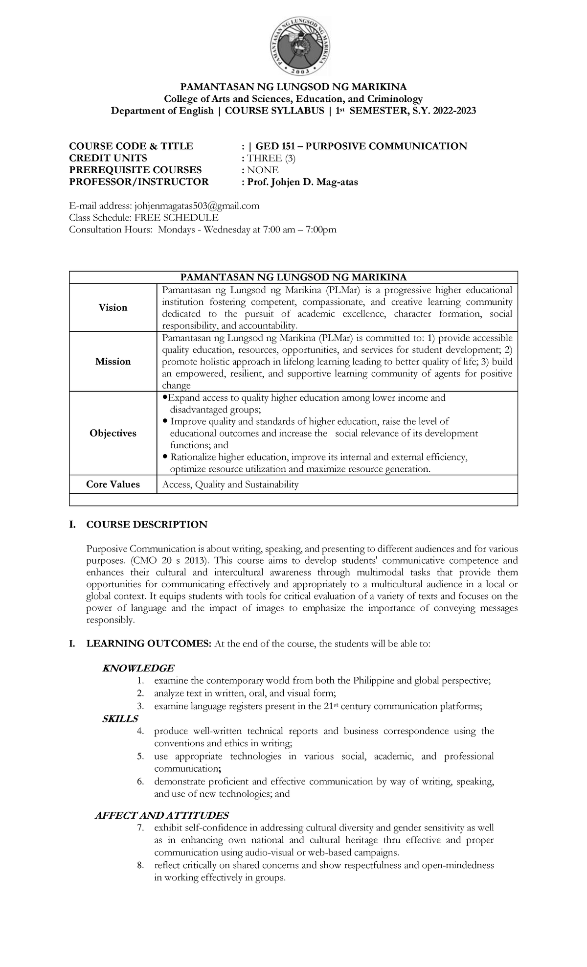 GED 151 Purposive Communication Updated Syllabus for SY 2022-2023 - Studocu