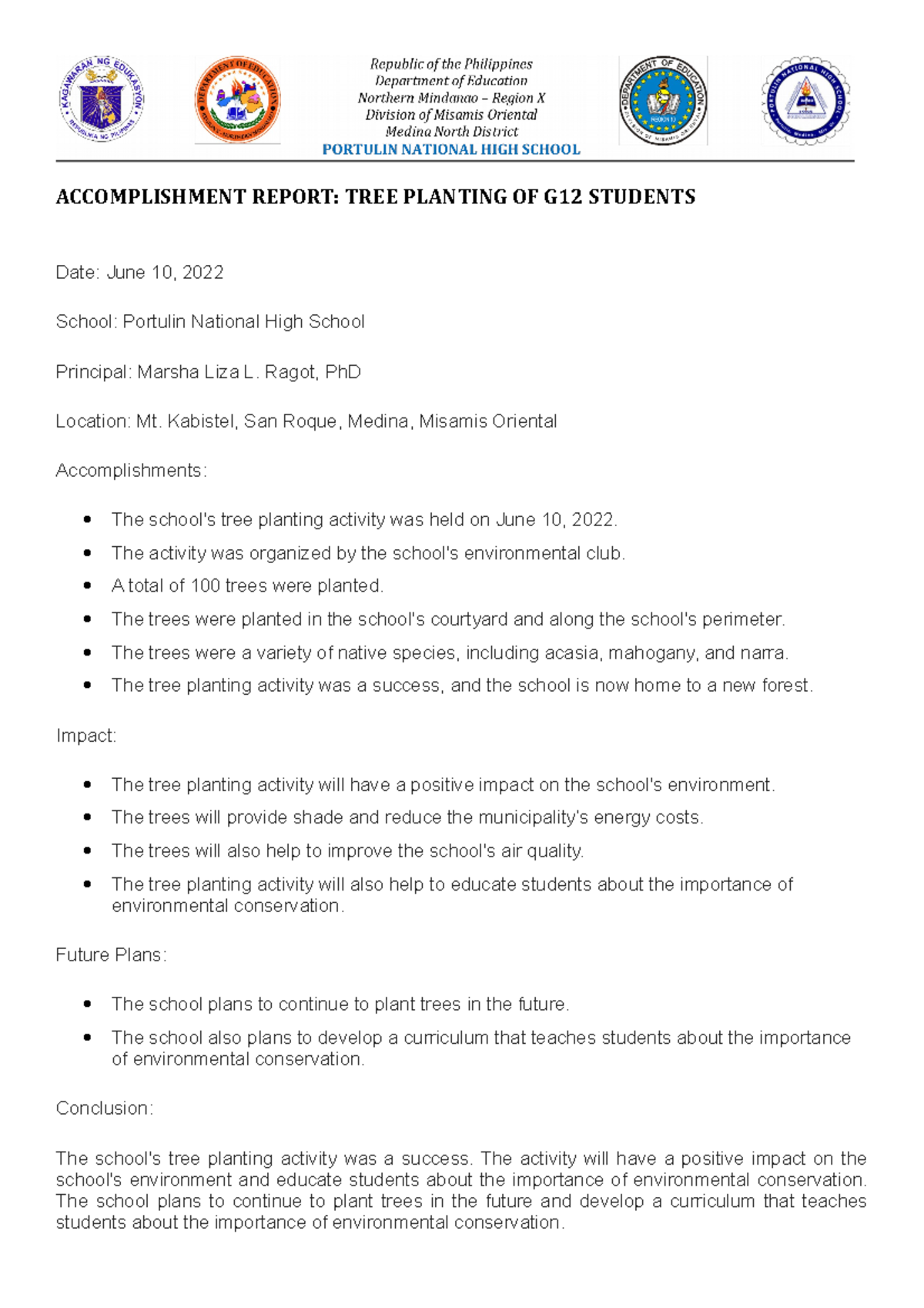 G12 Tree Planting Essay: Success and Future Plans at Portulin HS - Studocu