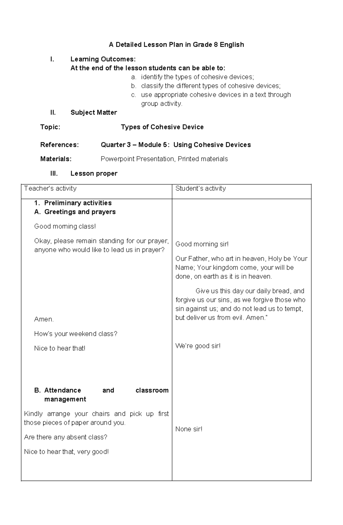 Detailed Lesson Plan on Conjunctions as Cohesive Devices 060134 070658 ...