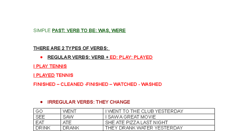 SIMPLE PAST: VERB TO BE & REGULAR/IRREGULAR VERBS - Clase Apuntes - Studocu