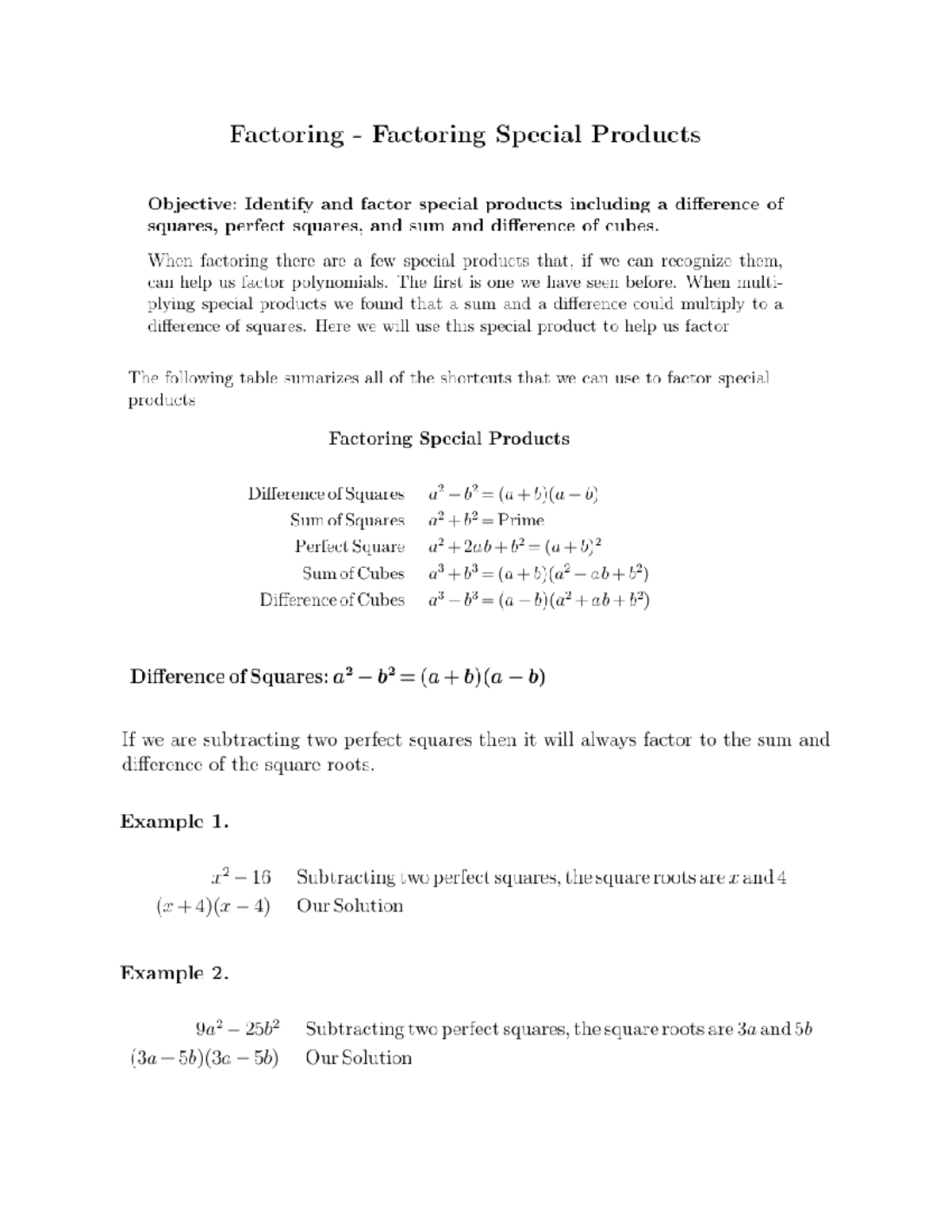 Factoring- Notes - Factoring Factoring Special Products Objective ...