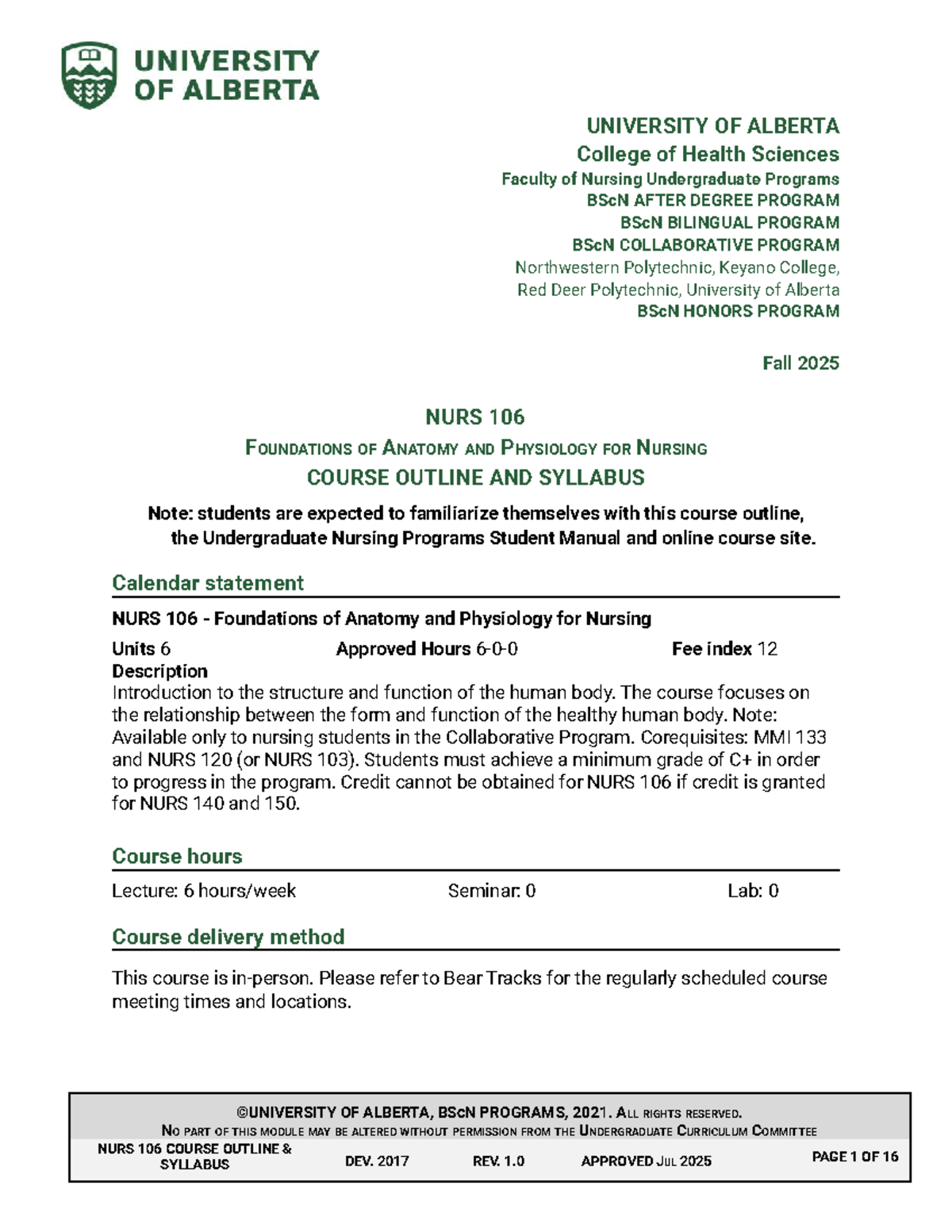 NURS 106 Course Outline: Foundations of Anatomy & Physiology for ...