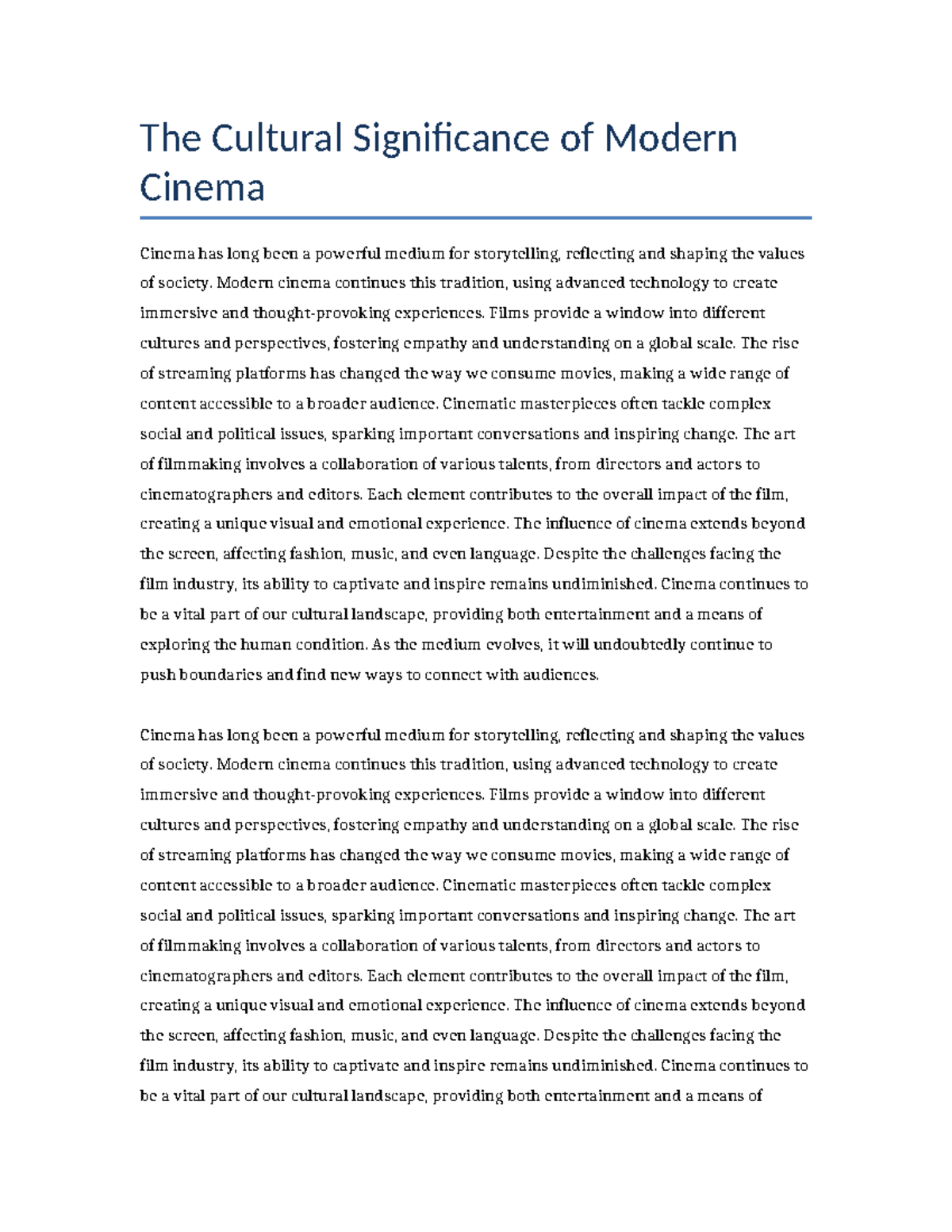 Cultural Impact of Modern Cinema: A Comprehensive Study - Studocu