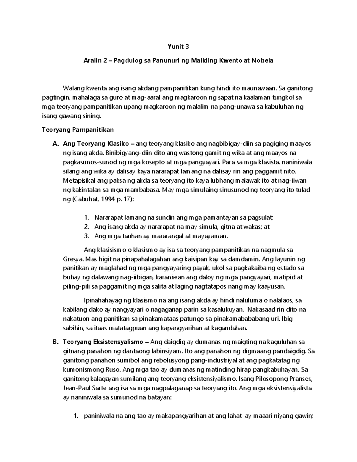 Yunit 3 Aralin 2: Mga Teorya sa Pagsusuri ng Nobela at Kwento HC - Studocu