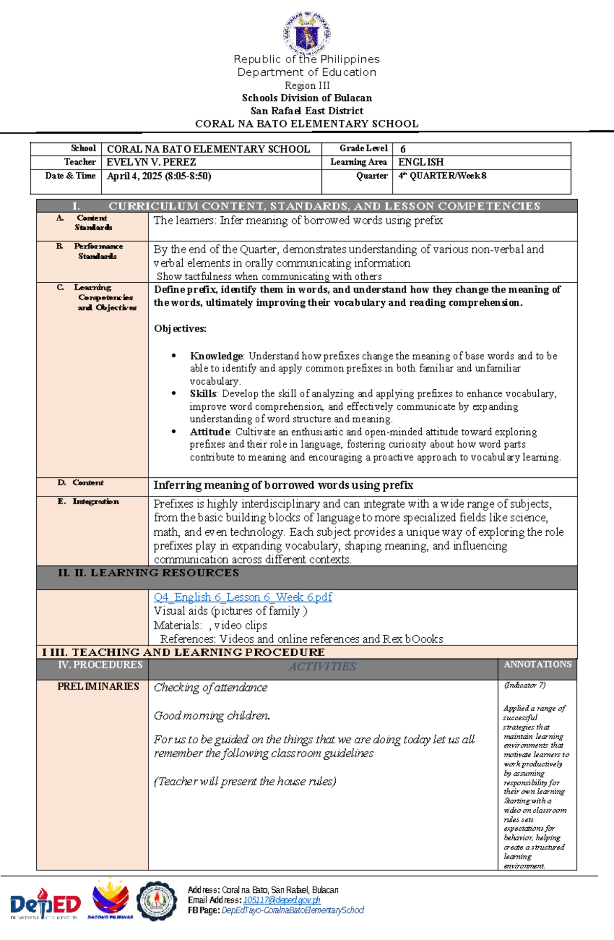 Grade 6 English Lesson Plan on Prefixes - KRA Integration and ...