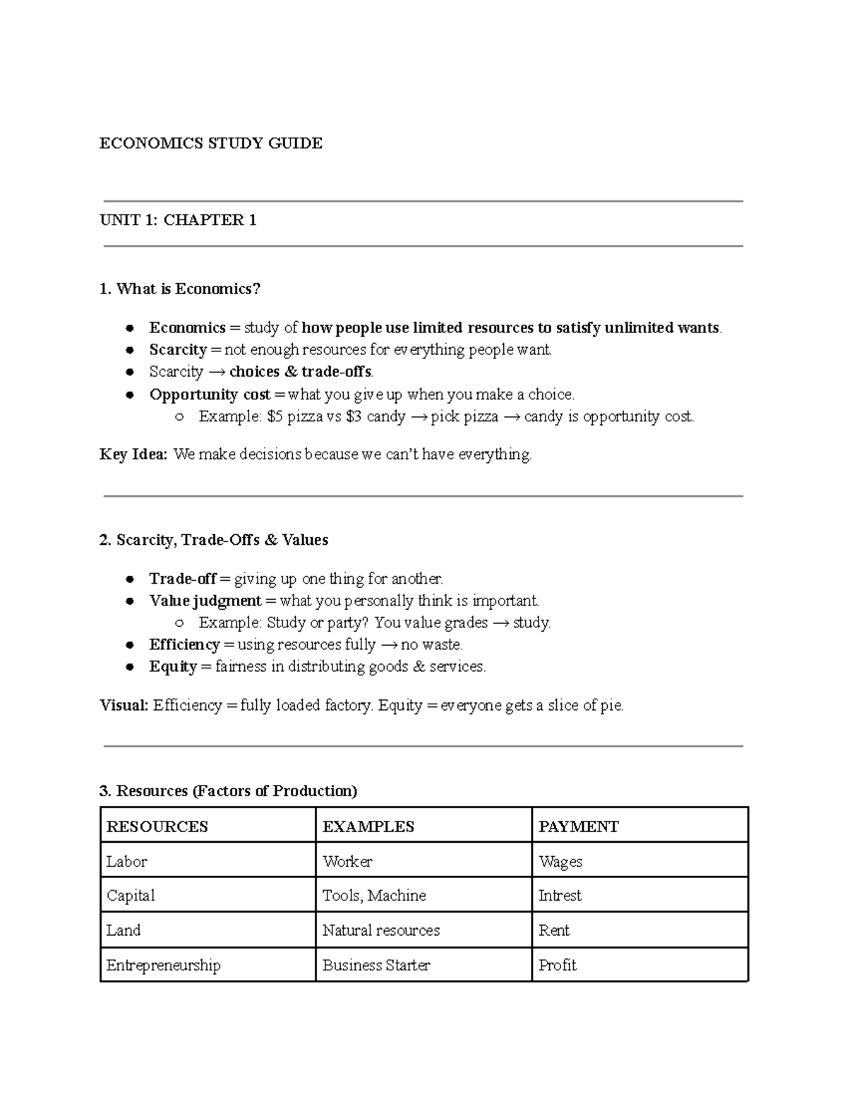 ECON 101: Study Guide for Unit 1 - Key Concepts & Applications - Studocu