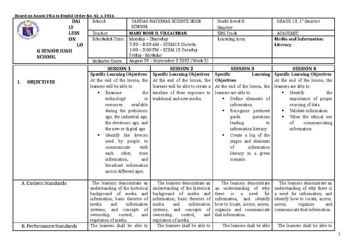 DLL MILQ1W2-3-4 - DAILY LESSON LOG QUARTER 1 WEEKS 2 -4 - Based on ...