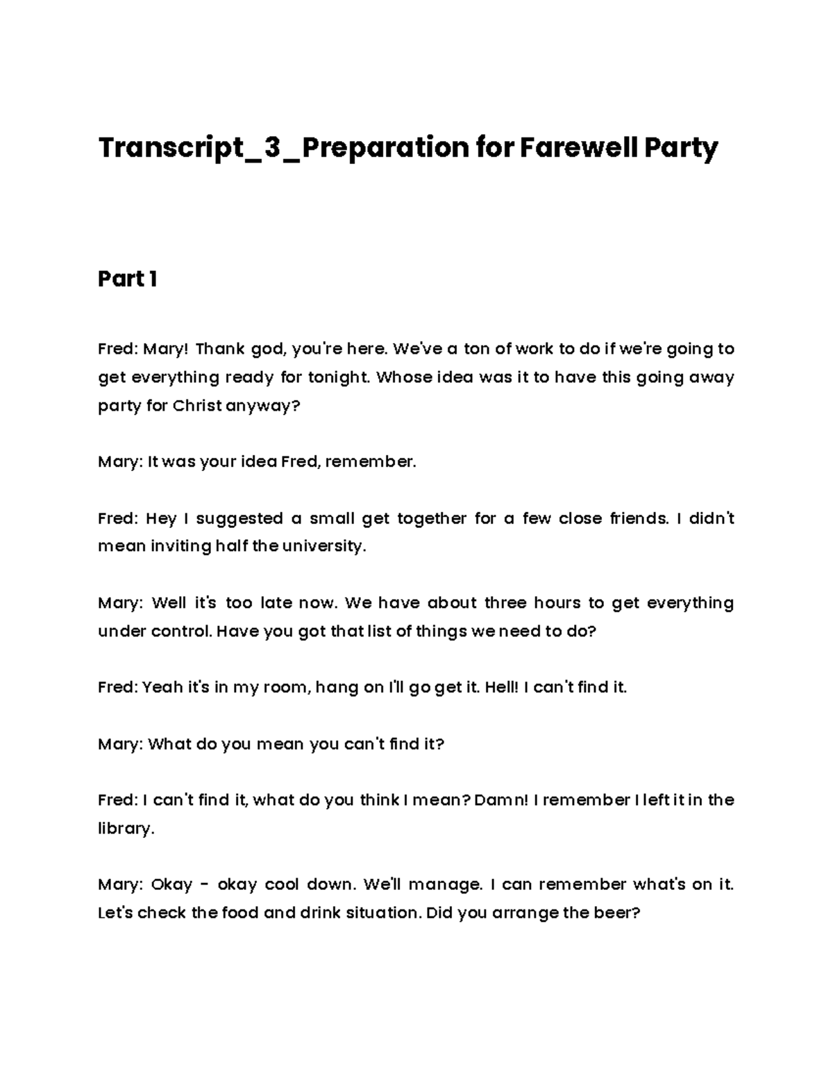 Transcript 6: Farewell Party Preparation - Planning and Details - Studocu