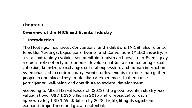 Chapter 1: Overview of the MICE & Events Industry (MICE 101) - Studocu