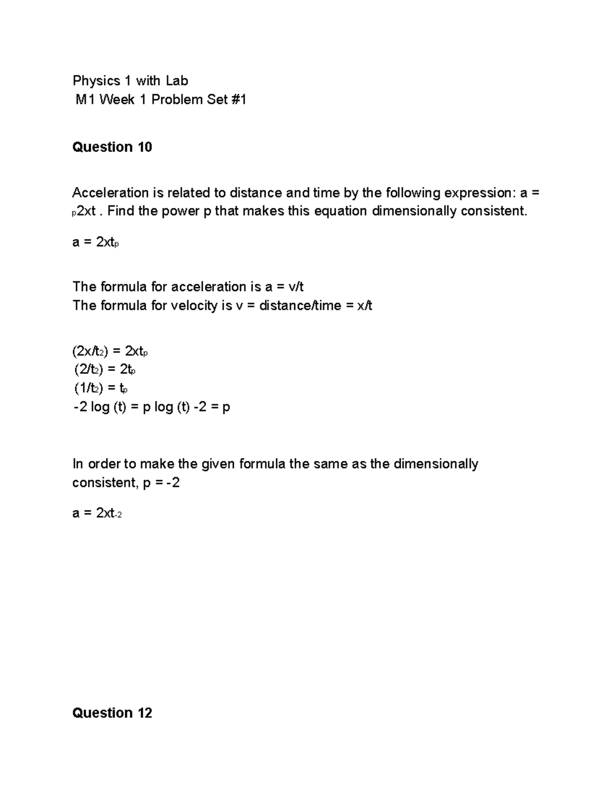 M1 Physics 1 Homework 1: Problem Set & Solutions for Week 1 - Studocu