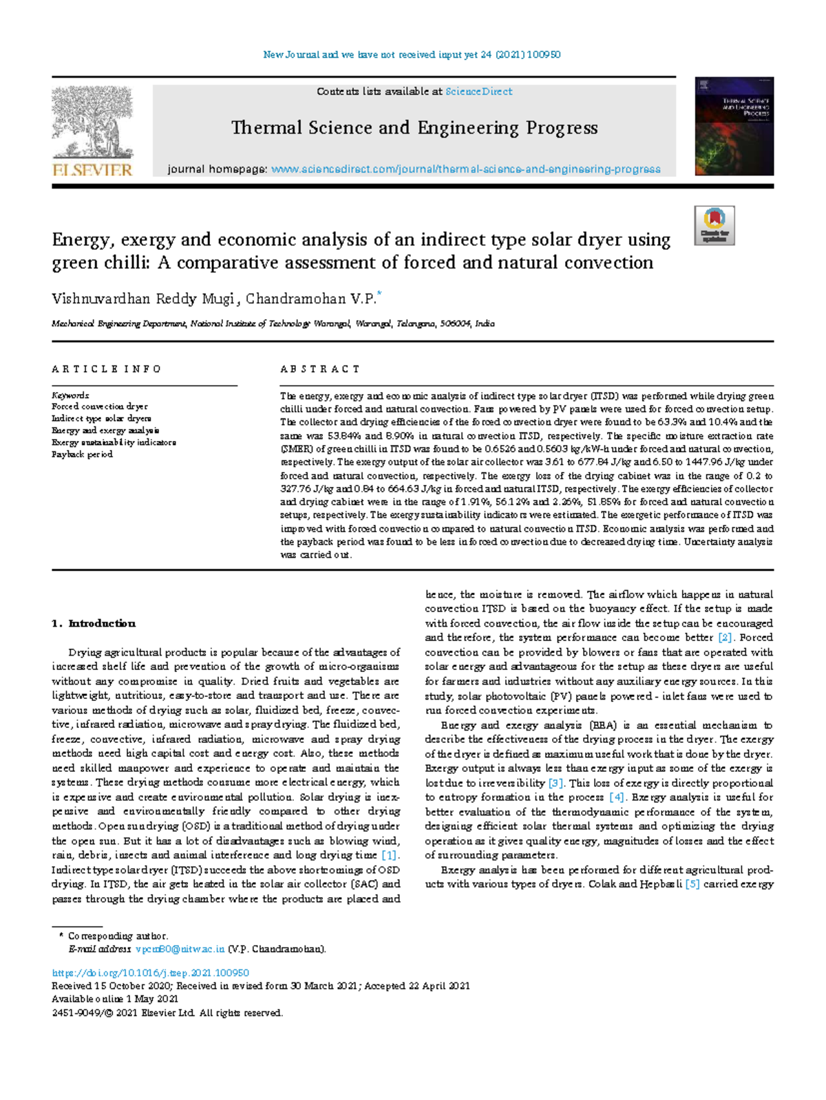 Energy, Exergy, and Economic Analysis of ITSD for Green Chilli Drying ...