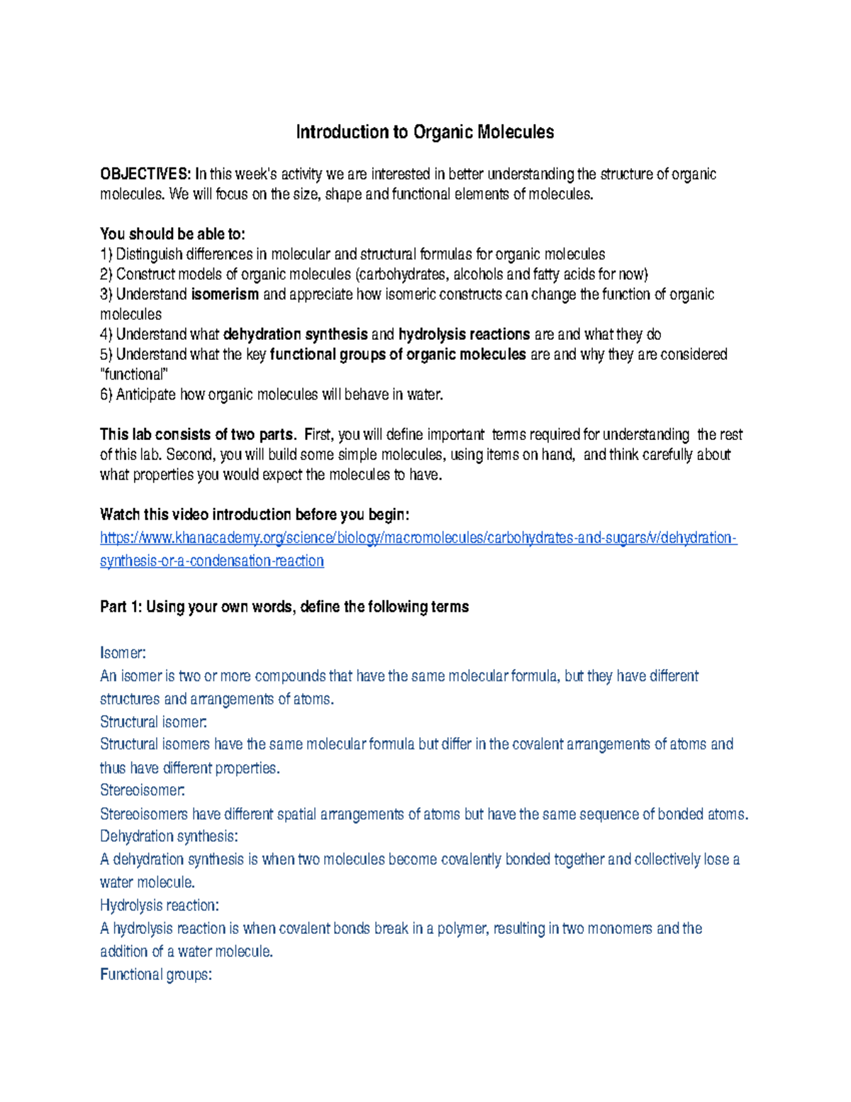 Organic Molecules Lab Answers - Dr. O'Quinn's Activities - Studocu