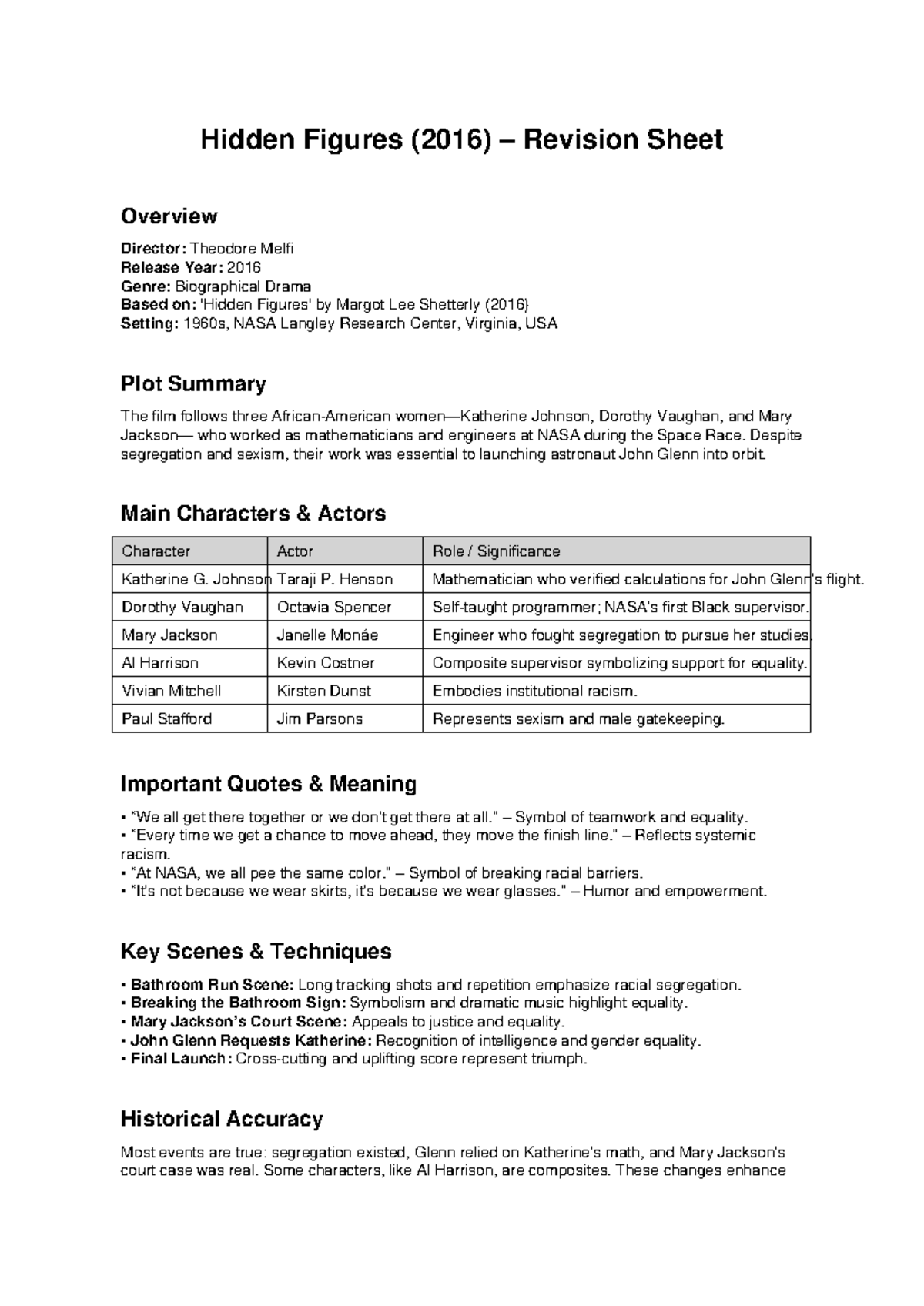 Hidden Figures (2016) Revision Sheet: Key Insights & Analysis - Studocu