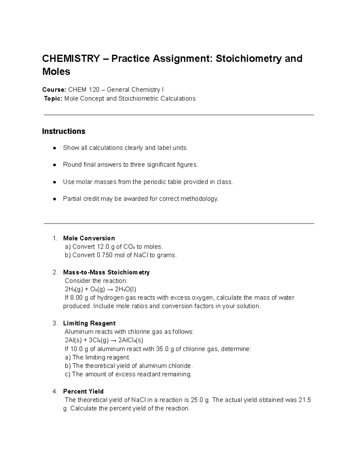 CHEM 120 Practice Assignment: Stoichiometry & Moles - Studocu