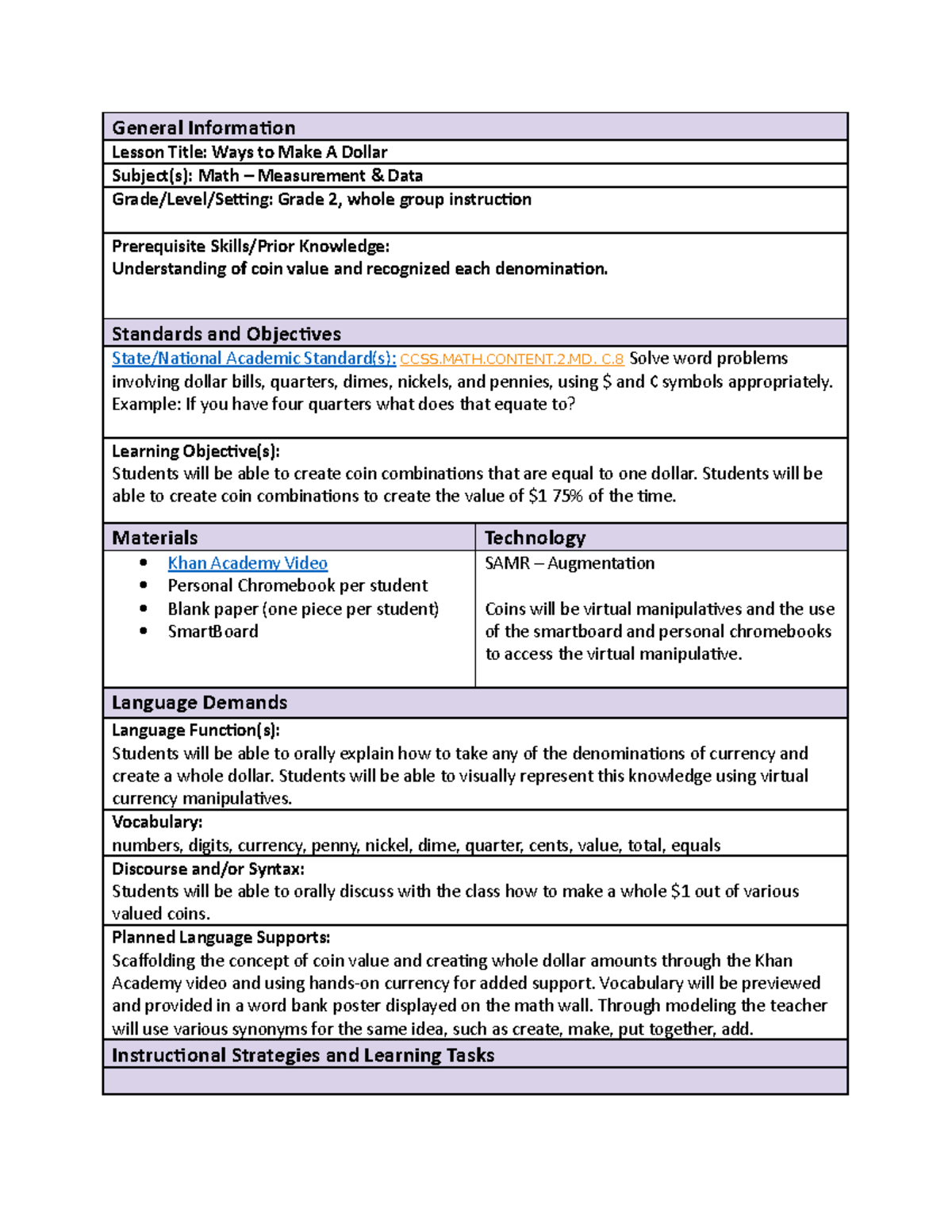 C831 Task 1 - Lesson Plan: Making A Dollar in 2nd Grade Math - Studocu