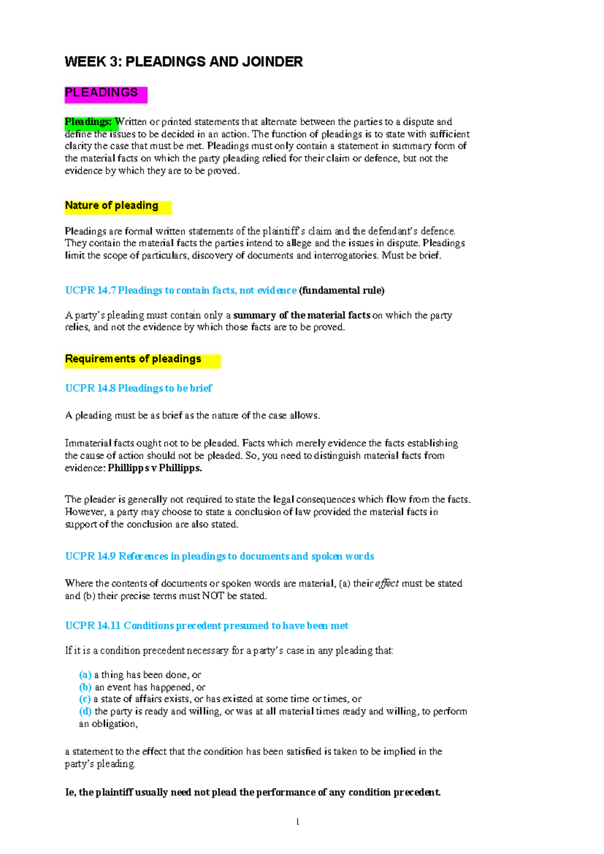 W3 Pleadings & Joinder Notes: Key Concepts and UCPR Guidelines - Studocu