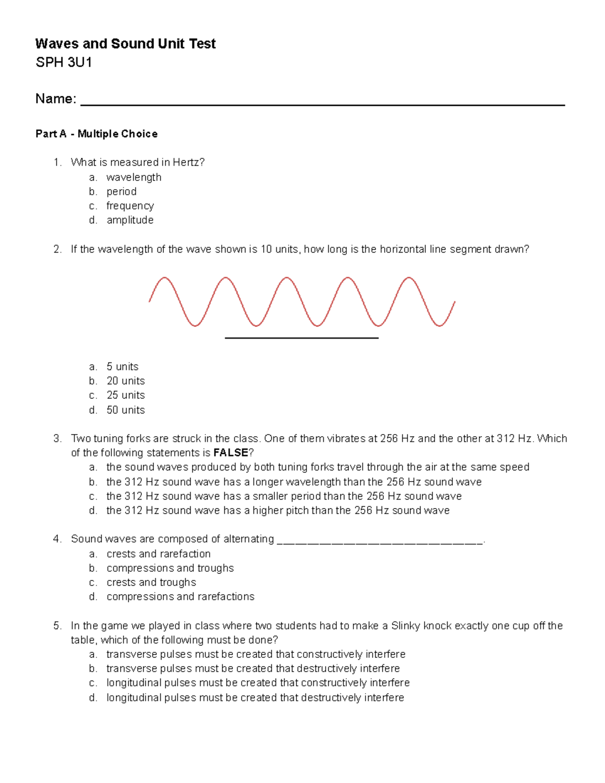 Waves and Sound Unit Test SPH 3U1: Multiple Choice Questions - Studocu
