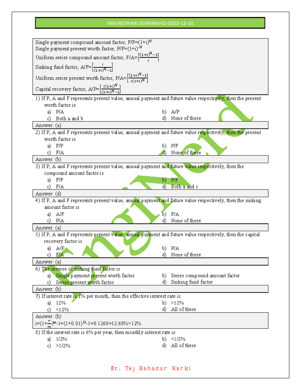 Engineering Economics MCQs (ENGR 101) - Comprehensive Study Guide - Studocu