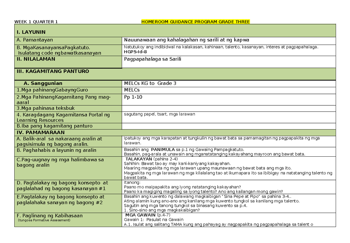 HGP-W1: Homeroom Guidance Program for Grade 3 - Week 1 Activities - Studocu