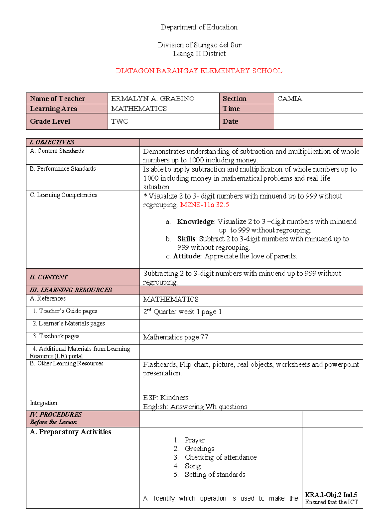COT MATHEMATICS 2nd Quarter Lesson Plan on Subtraction - Studocu