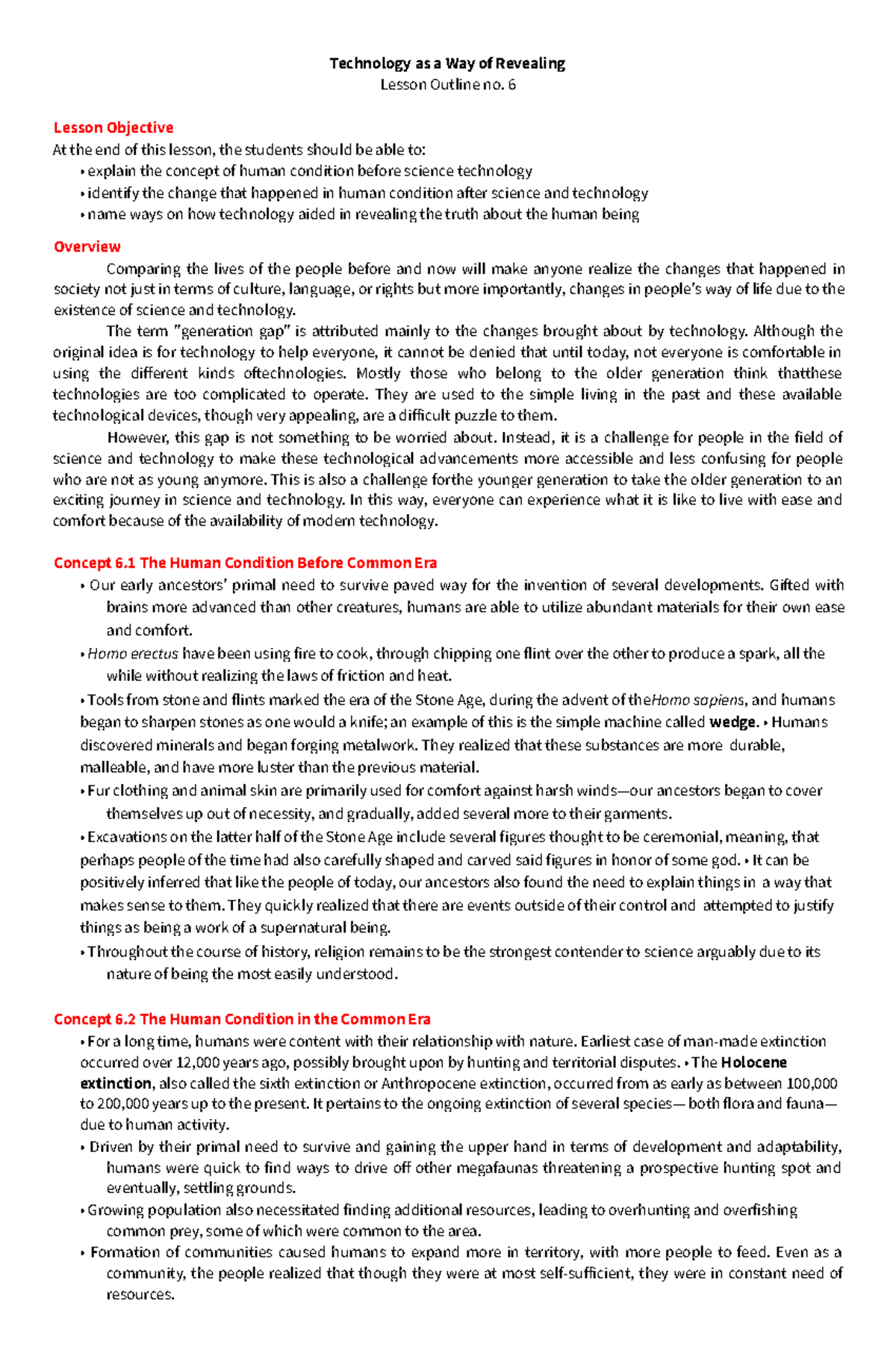 06 - Technology and the Human Condition: Lesson 6 Overview - Studocu