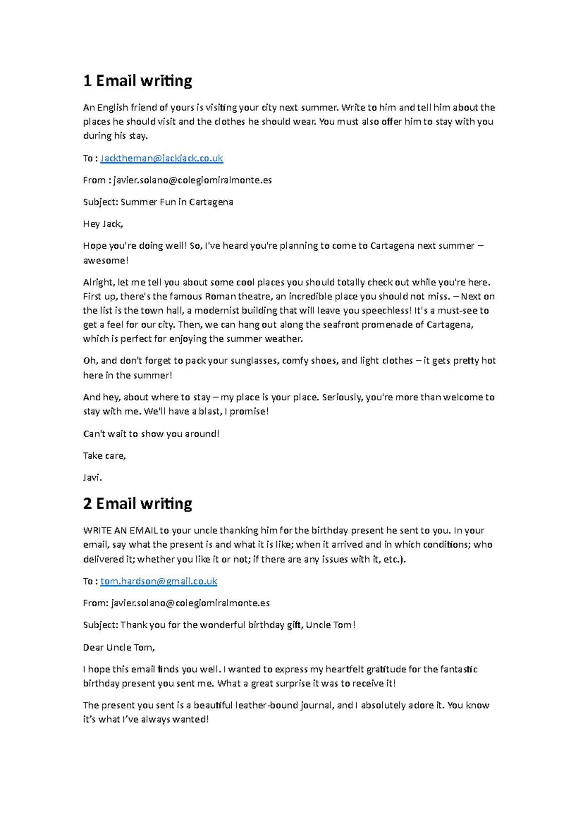 Bachillerato Email Writing Practice and Argumentative Texts - Studocu