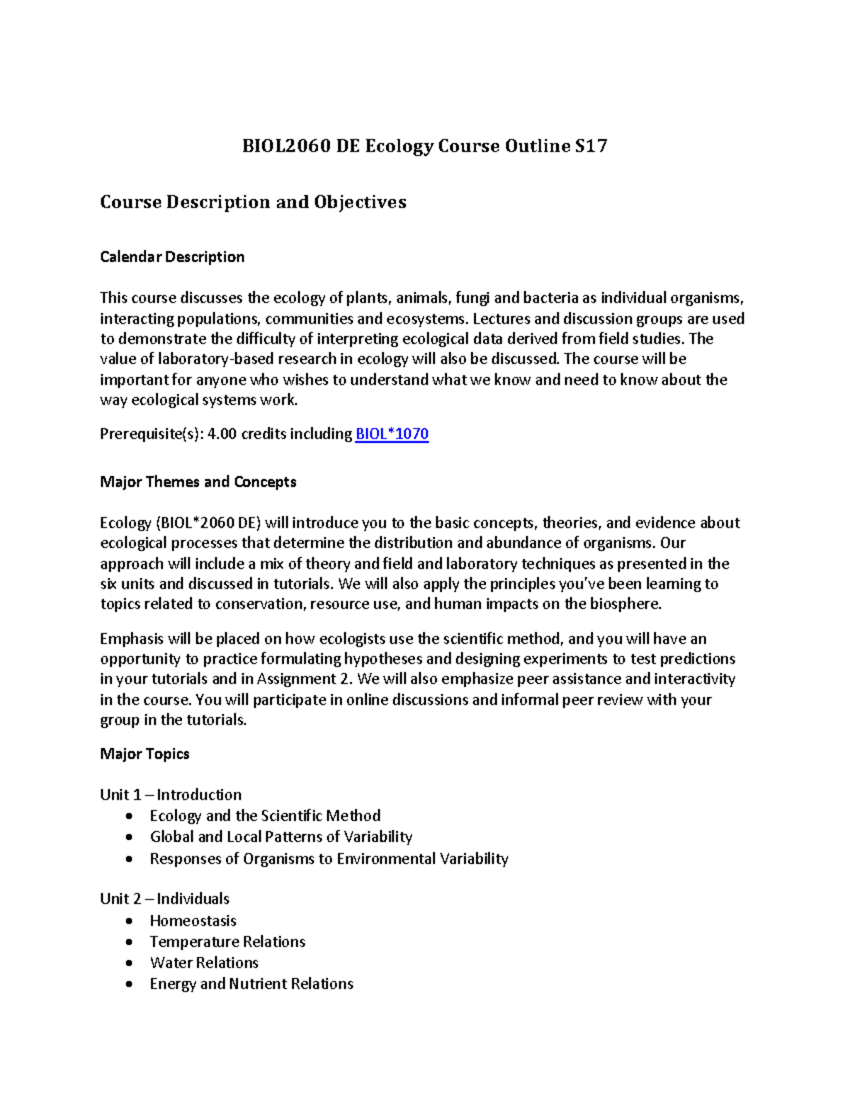 BIOL2060 DE Ecology Course Outline S17: Key Concepts & Objectives - Studocu