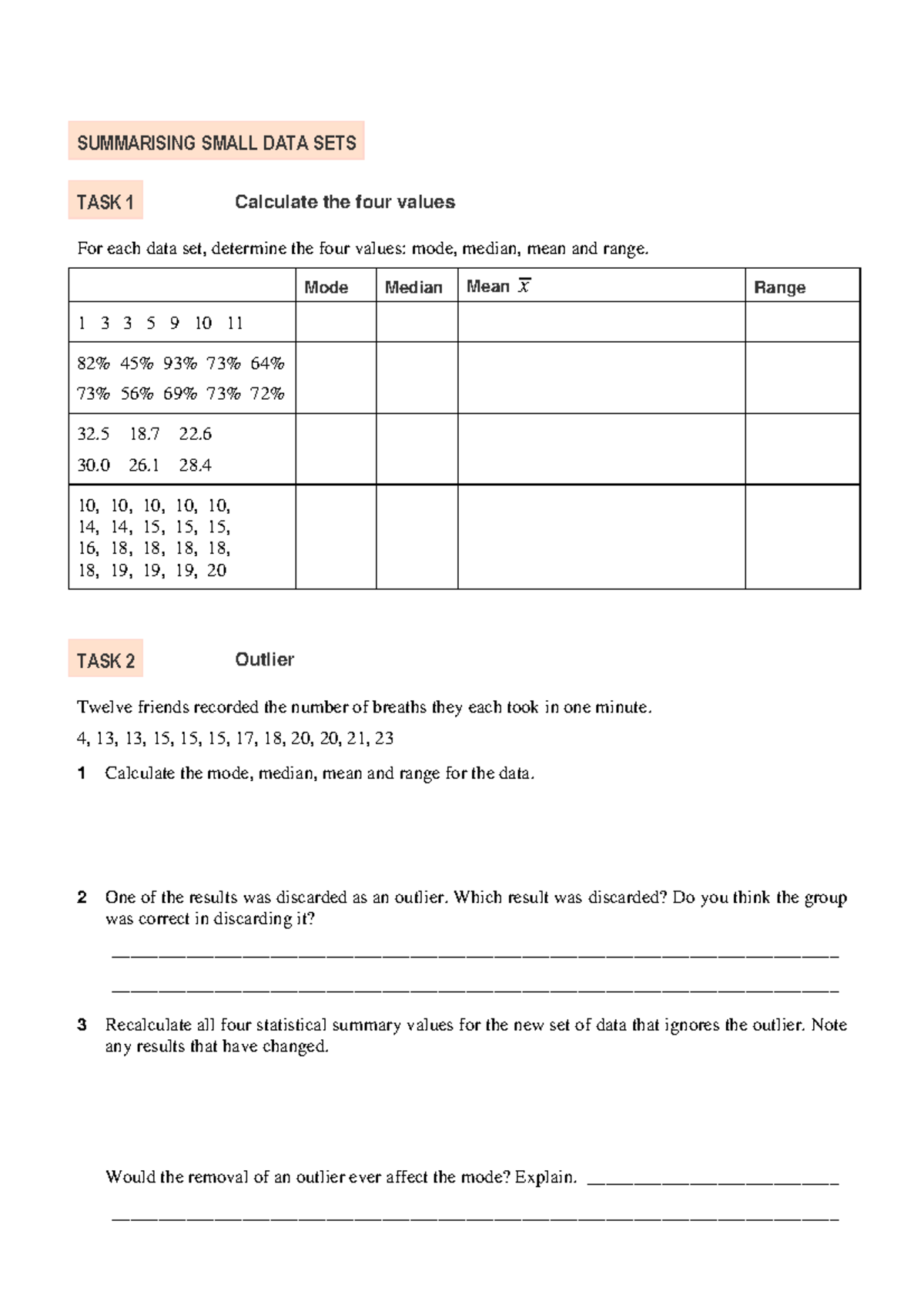 STATISTICS 101: Summarising Small Data Sets - Task 1 & 2 - Studocu