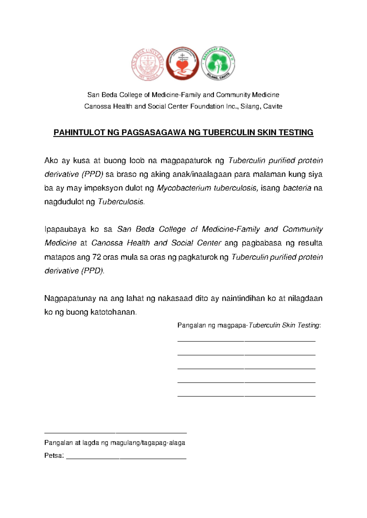 Tagalog Informed Consent for Tuberculin Skin Testing (TST) - Studocu