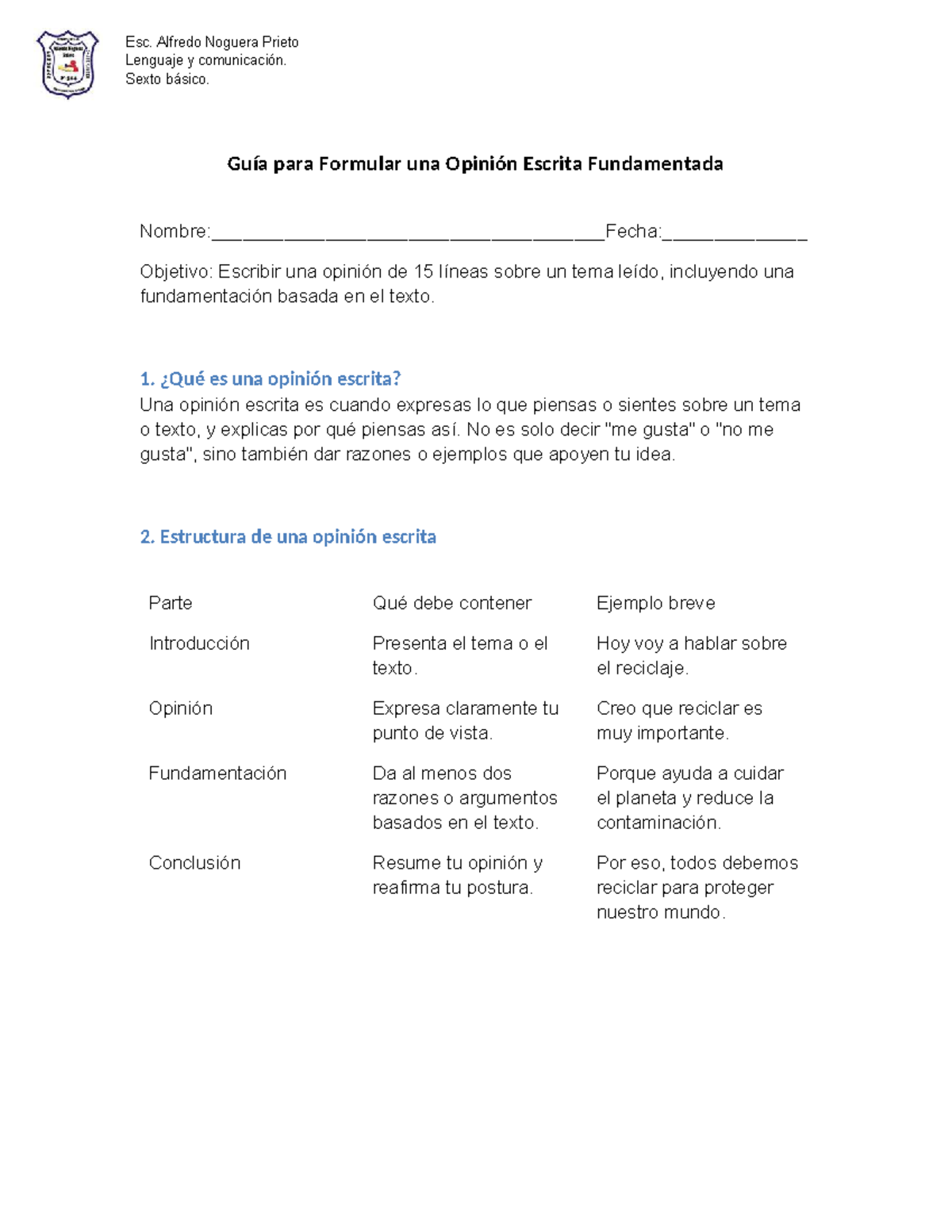 Guía para Formular una Opinión Escrita en Lenguaje y Comunicación 6 ...