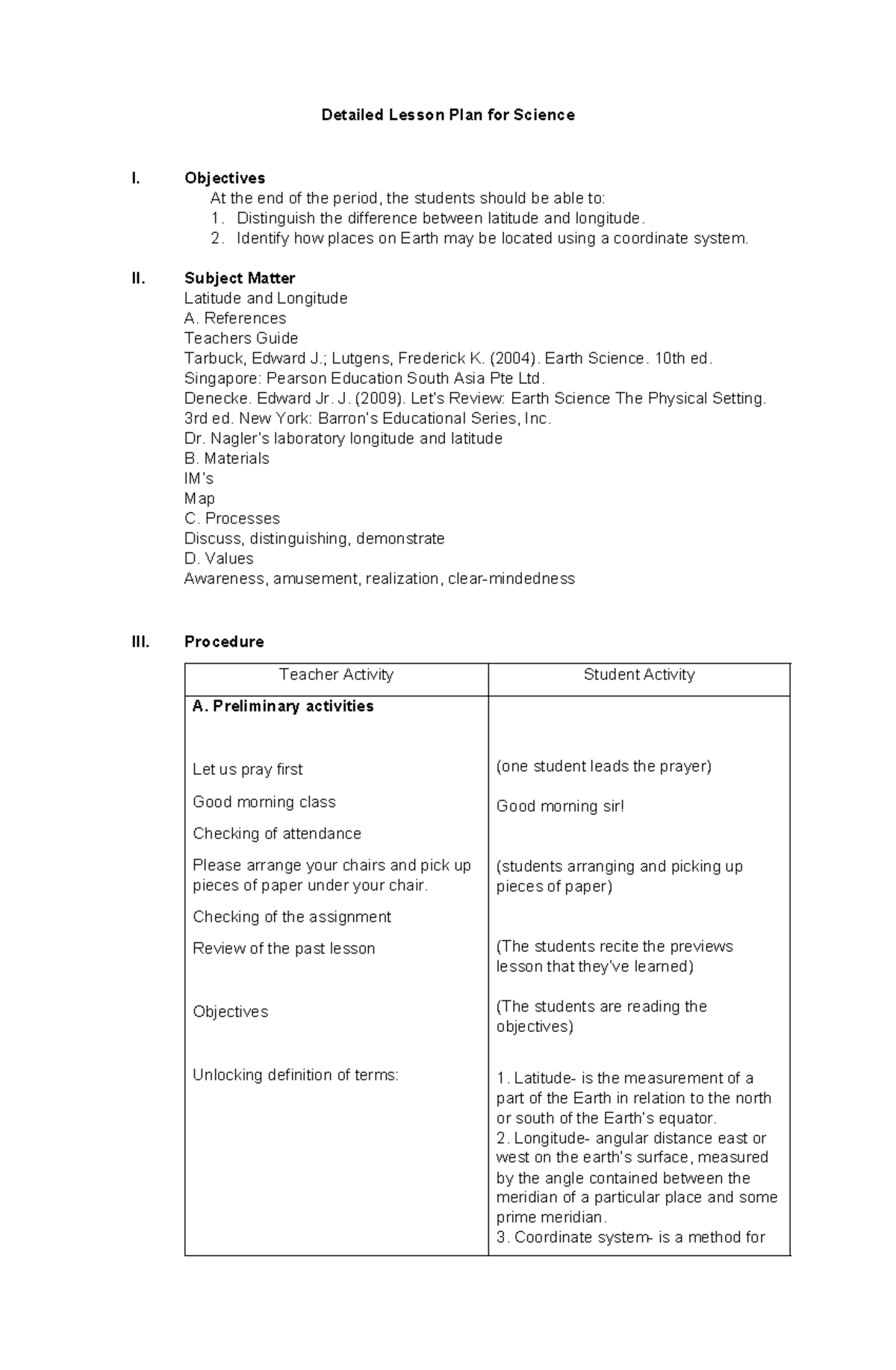 Detailed Lesson Plan: Latitude and Longitude in Science Class - Studocu