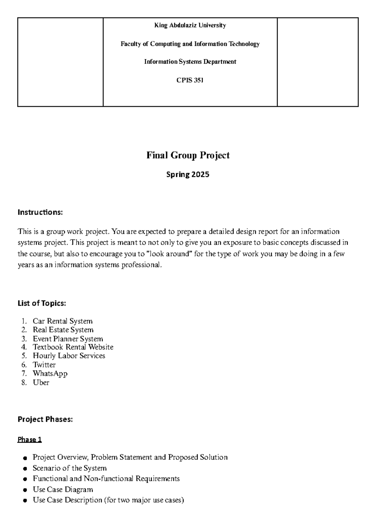 CPIS351-Final Group Project-Design Report-Spring 2025 - Studocu