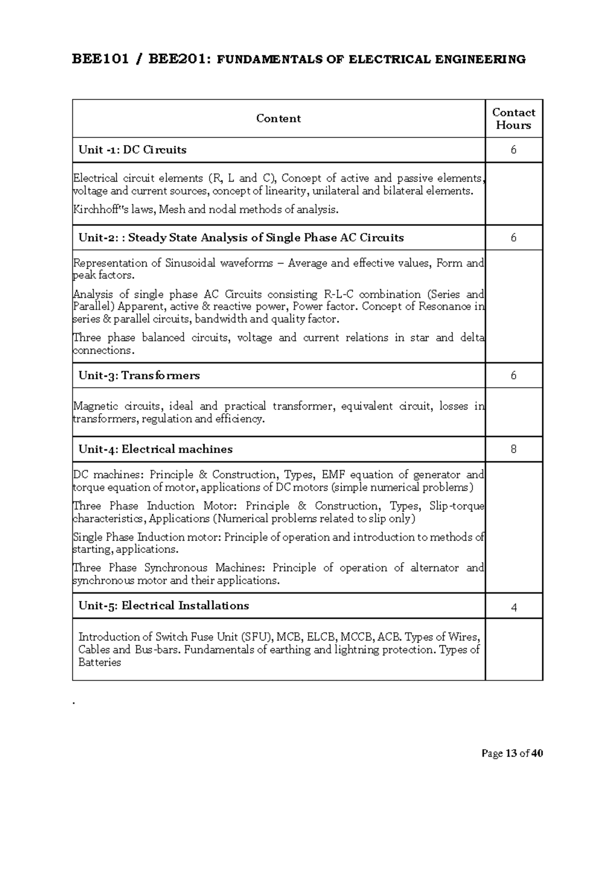 BEE101 BEE201: Electrical Engineering Fundamentals Syllabus - Studocu